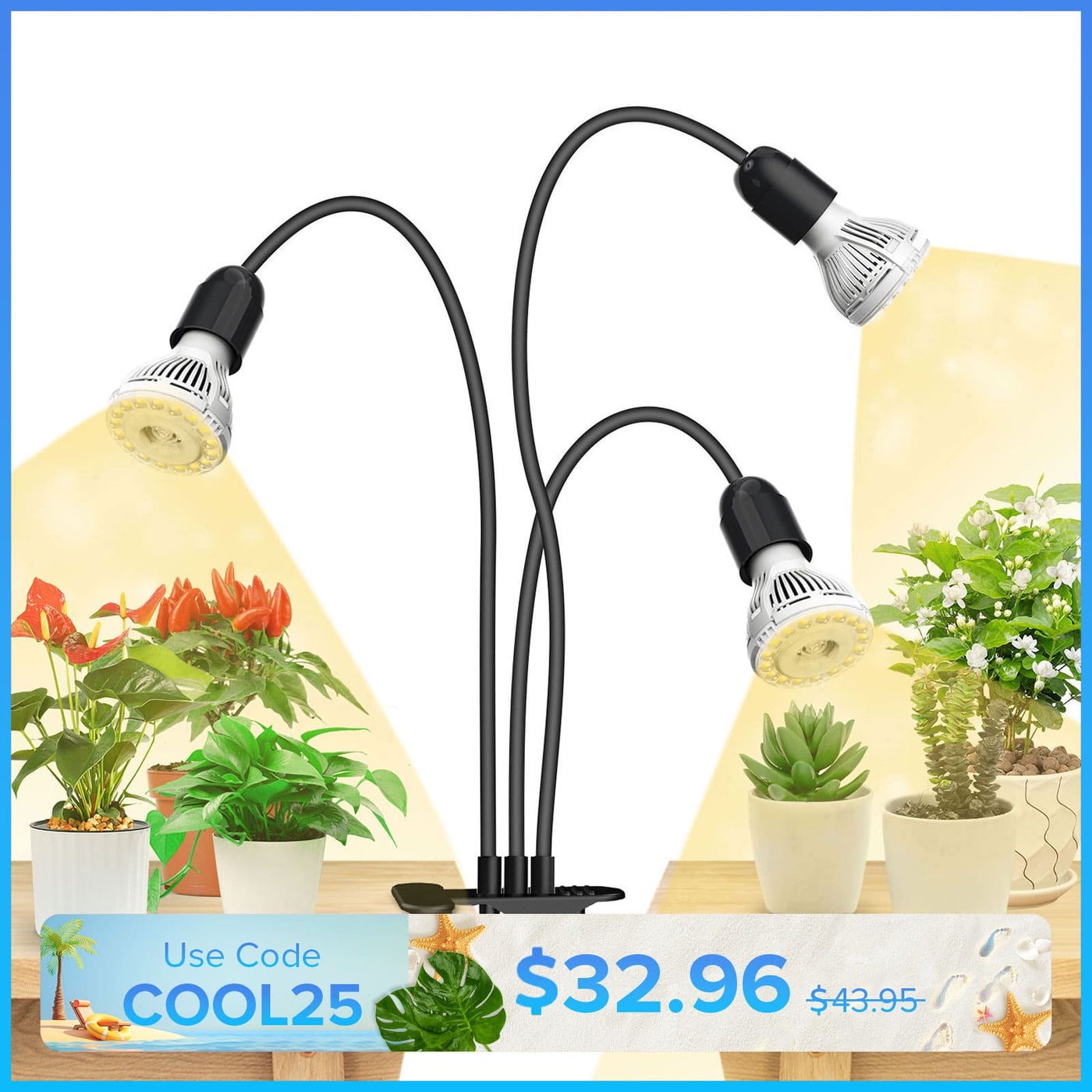 30W Adjustable 3-Head Clip-on LED Grow Light with Timer/No Timer