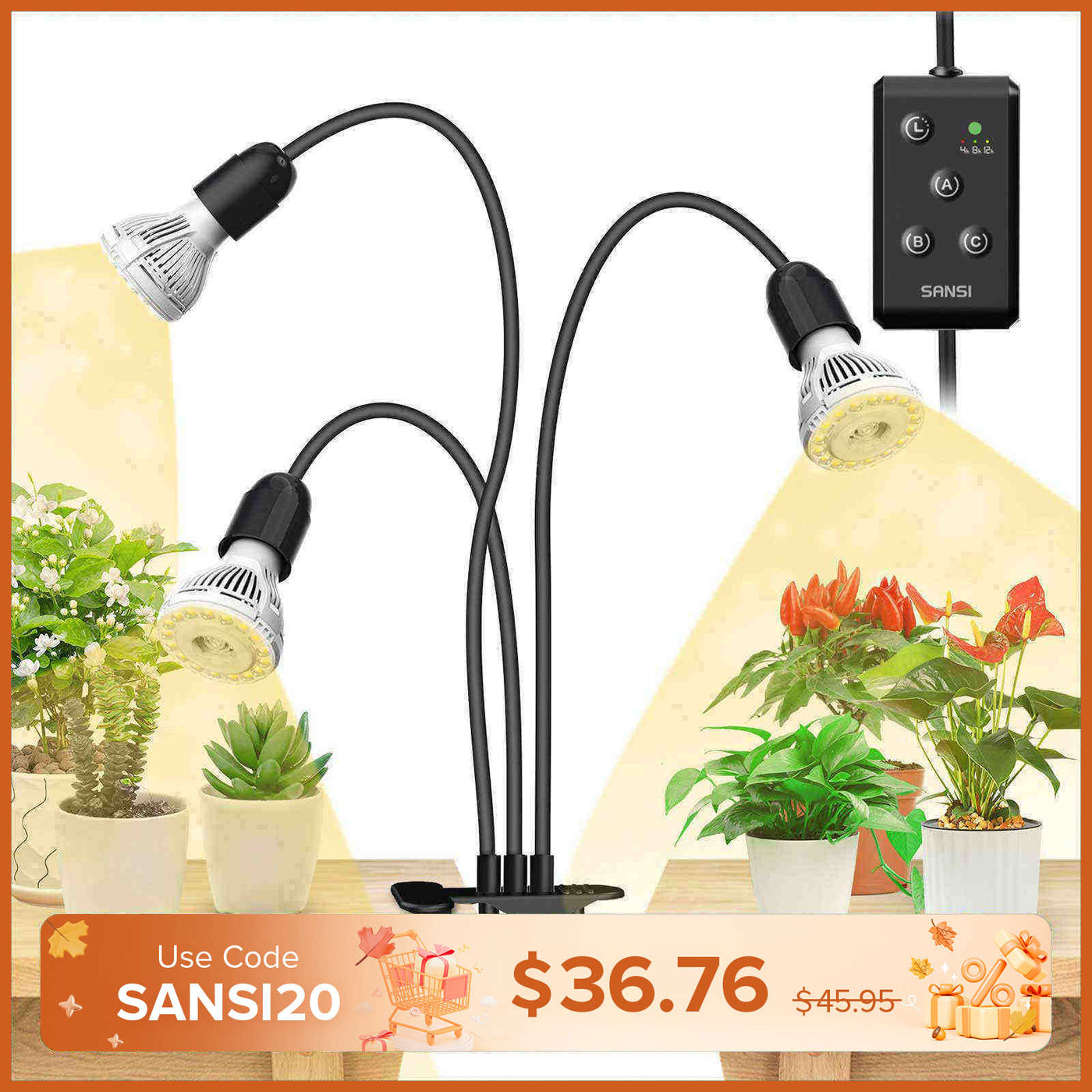 Sansi 30W Adjustable 3-Head Clip-on LED Grow Light with Timer/No Timer
