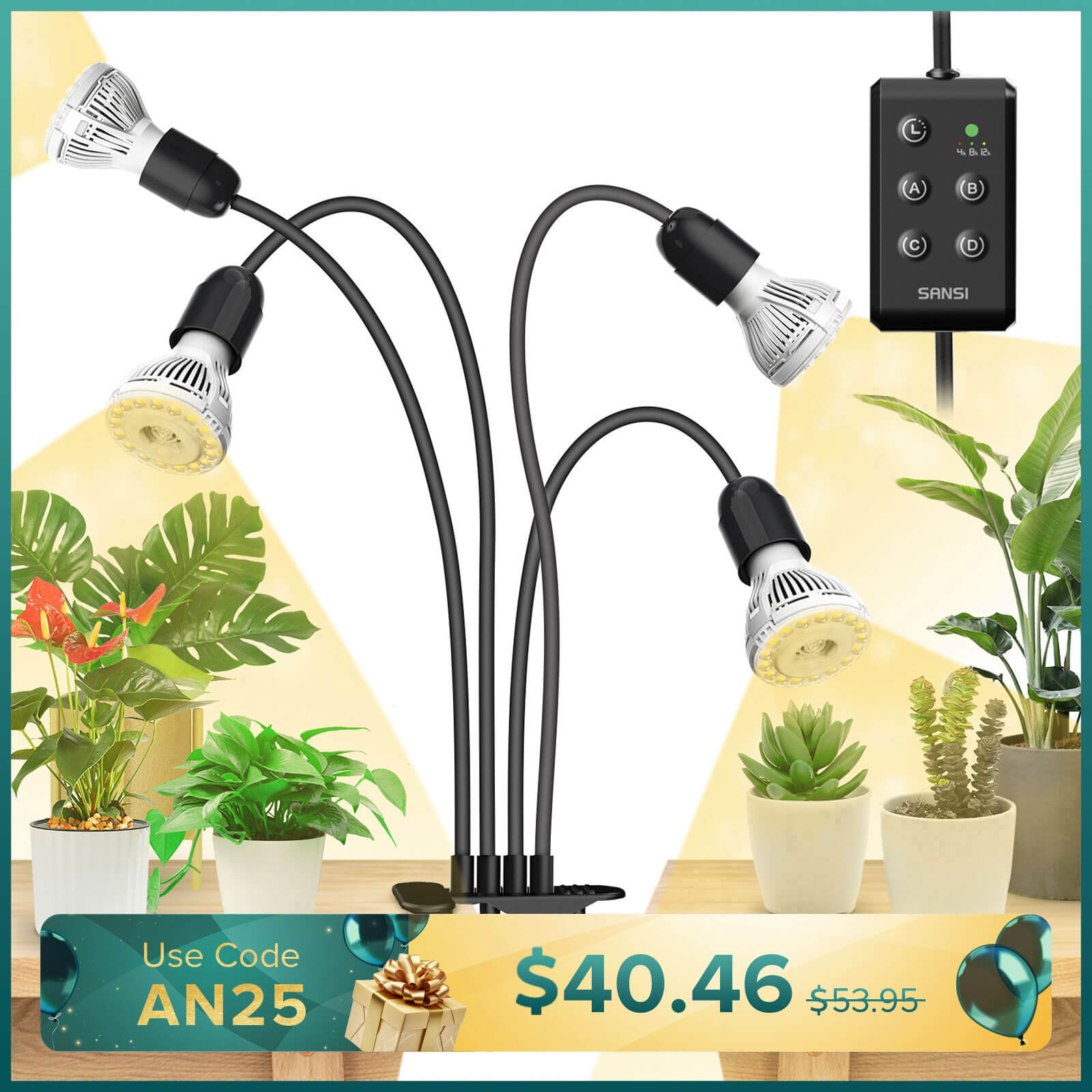 40W Adjustable 4-Head Clip-on LED Grow Light with Timer/No Timer